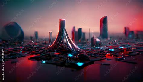 Abstract Futuristic And Sci Fi Neon Night City Top View Of The Urban
