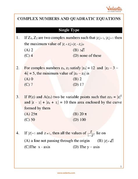 Jee Main Complex Numbers And Quadratic Equations Important Questions