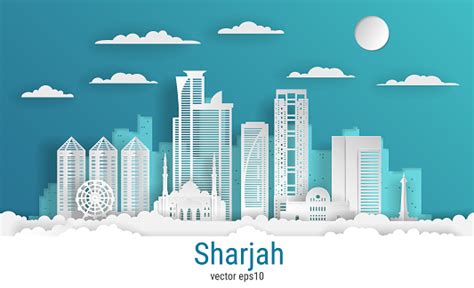 종이 컷 스타일 샤 르 자 화이트 컬러 종이 벡터 스톡 일러스트 모든 유명한 건물과 도시 스카이라인 샤 르 자 시티 디자인 용 조성 물 스카이라인에 대한 스톡 벡터 아트 및