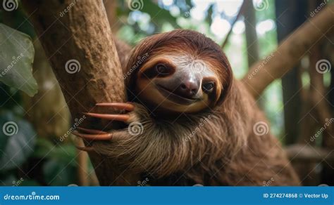 Brown Throated Three Toed Sloth Generative Ai Stock Illustration