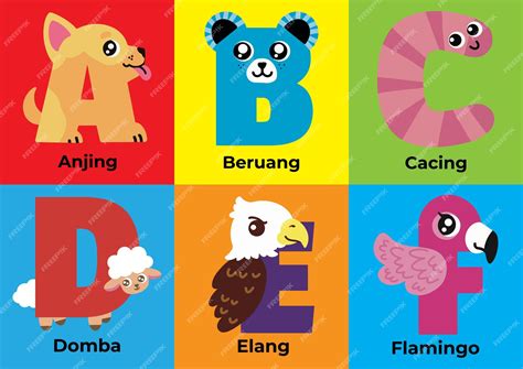 Alfabeto Indonésio Animais Crianças Ilustração Vetor Premium
