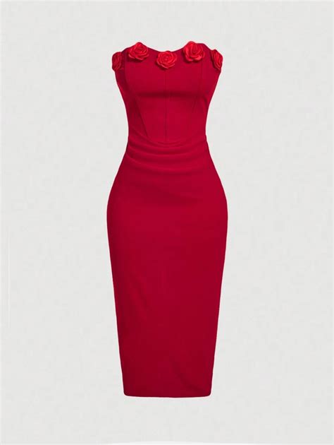 Shein Mod Plus Size Red 3d Floral Ruched Bodycon Mid Length Dress For
