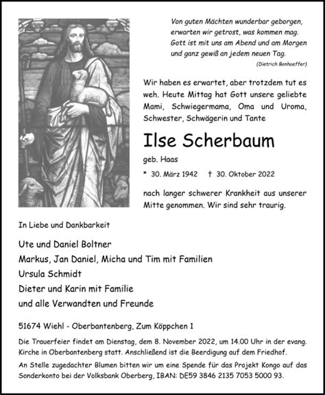 Traueranzeigen Von Ilse Scherbaum Wirtrauern