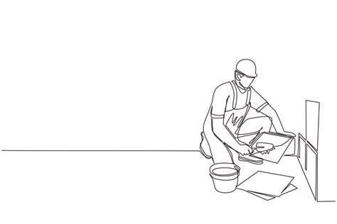 Single One Line Drawing Repair Worker Laying Ceramic Wall Tile
