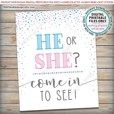 Gender Reveal Party Sign He Or She Come In To See Printable 8x10