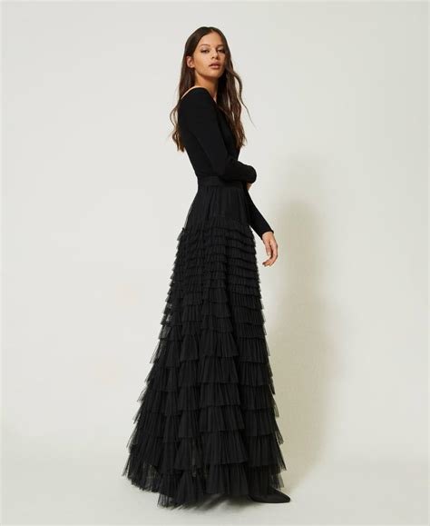 Falda Larga De Tul Con Volantes Mujer Negro Twinset Milano