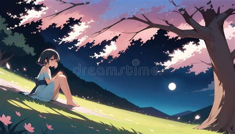 Tranquil Night Anime Girl Beneath Blossoming Cherry Tree Stock