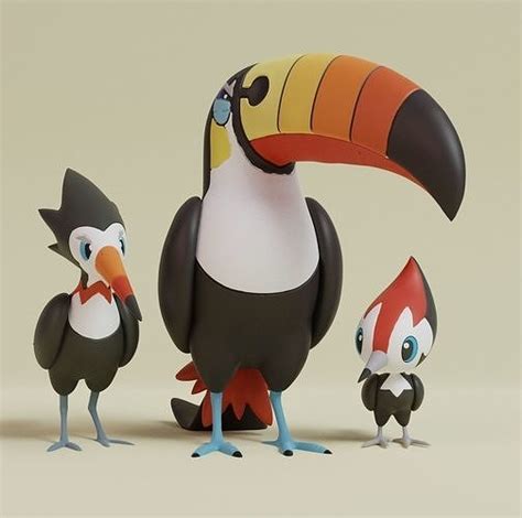 Pokemon Pikipek Trumbeak And Toucannon With 2 Poses 3d Model 3d
