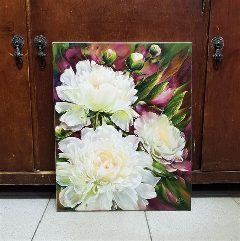 White Peony Painting Flower Wall Art Peonies Painting In Pink Etsy