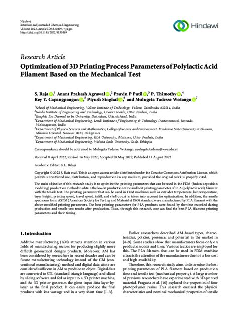 pdf optimization of 3d printing process parameters of polylactic acid filament based on the