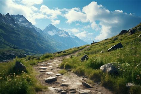 A Pathway Leading To A Mountain Range Premium Ai Generated Image