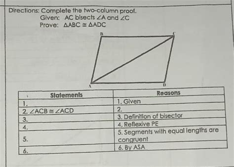 solved directions complete the two column proof given ac bisects ∠