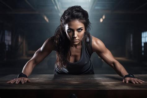 Premium Photo A Woman Leaning Over A Wooden Table In A Dark Room