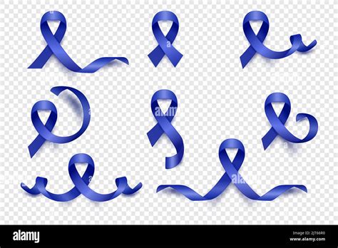 Vector 3d Realistic Dark Blue Ribbon Set Colon Cancer Awareness Symbol