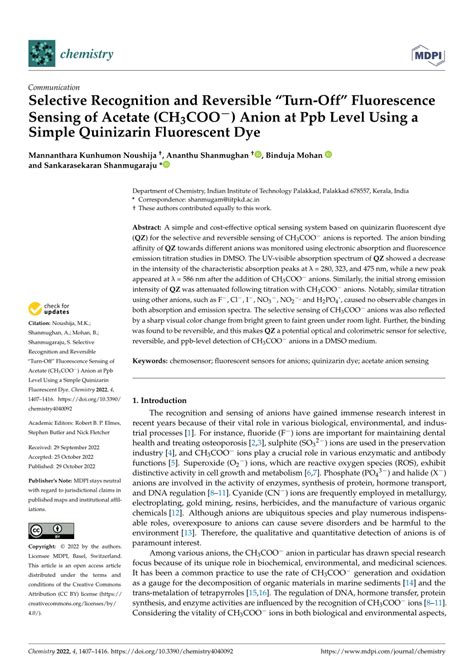 Pdf Selective Recognition And Reversible “turn Off” Fluorescence Sensing Of Acetate Ch3coo−