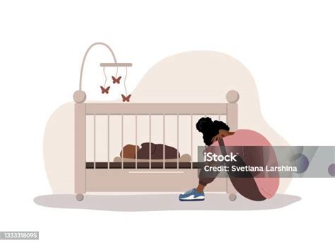 산후 우울증 아프리카의 피곤한 여인이 바닥에 앉아 무릎을 꿇고 울고 껴안았다 젊은 어머니는 심리적 도움이 필요합니다 기분 장애 플랫 만화 스타일의 벡터 일러스트레이션 산후