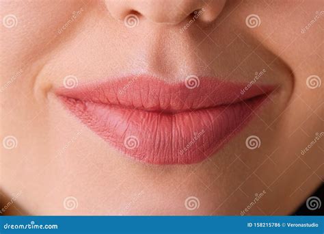 Perfect Natural Lip Makeup Close Up Macro Photo With Beautiful Female