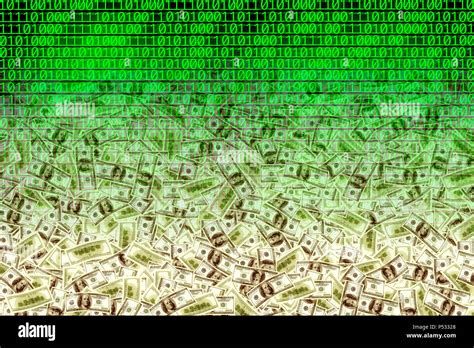 Conceptual Background Image Of Binary Code Money And Abstract Lights Of