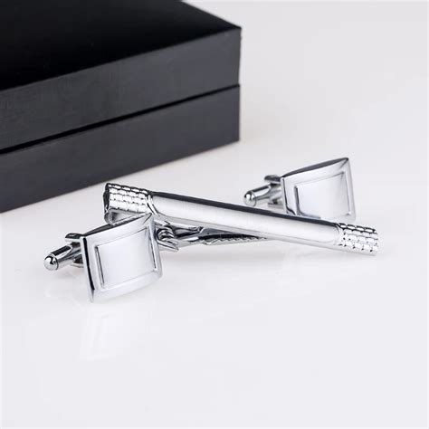 Free Shipping Men Metal Necktie Tie Bar Clasp Clip Cufflinks Set Silver