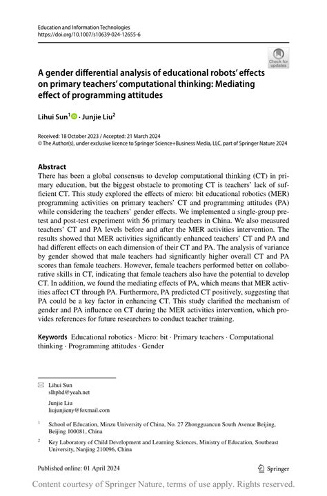 A Gender Differential Analysis Of Educational Robots Effects On