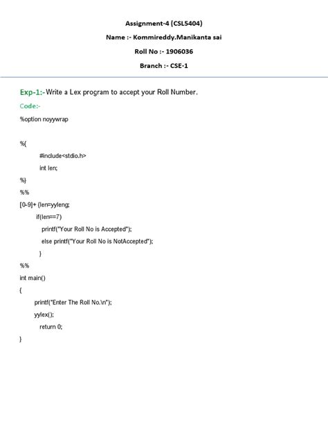 Write A Lex Program To Accept Your Roll Number Code Pdf