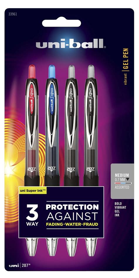 Uni Ball 207 Retractable Gel Pens Medium Point Assorted 4 Pack