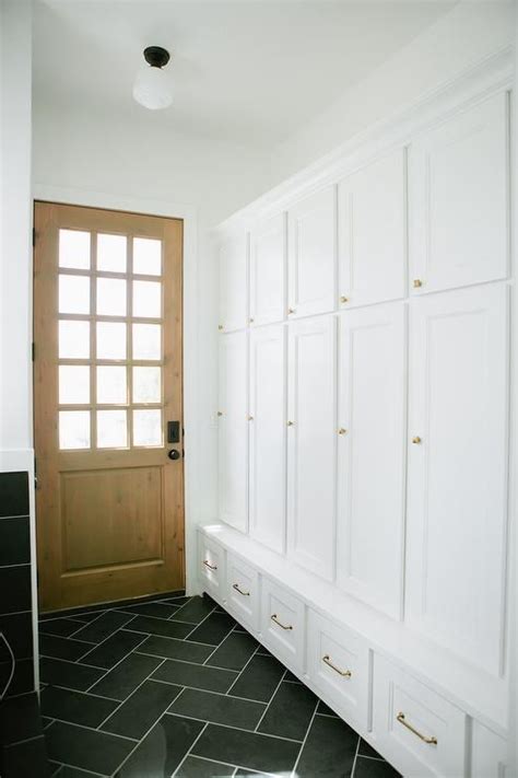 White Mudroom With Charcoal Gray Slate Herringbone Tile Floor Cottage