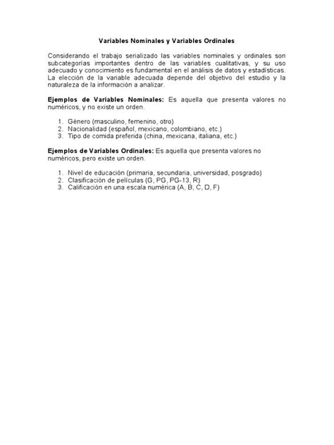 Variables Nominales Y Variables Ordinales Pdf