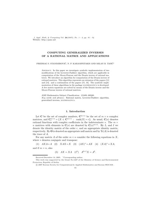 Pdf Computing Generalized Inverses Of A Rational Matrix And Applications