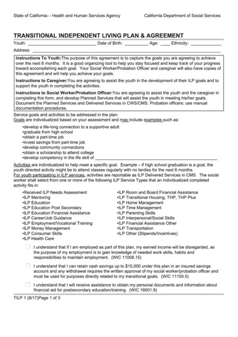Fillable Form Tilp 1 Transitional Independent Living Plan And Agreement