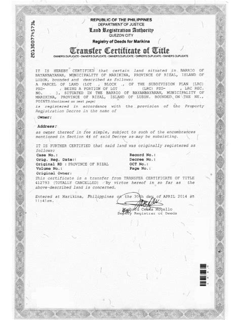 Transfer Certificate Of Title Sample The Real Estate Group Philippines2 Pdf