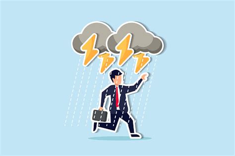 비즈니스 문제 장애물 또는 극복 과 성공 하는 위험 보험 또는 재앙 및 재해 업무 일 개념 우울한 사업가 그의 얼굴 주위 흐린