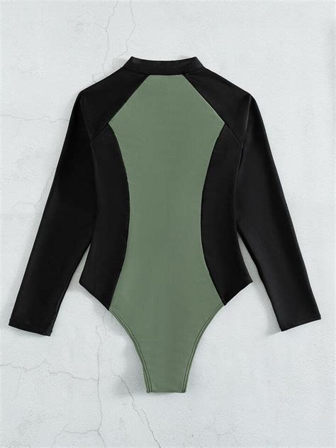 Color Block Zipper Front One Piece Swimsuit Shein Usa One Piece