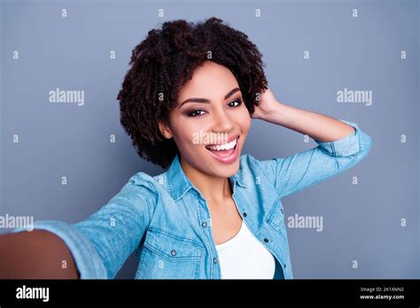 Photo Of Positive Pretty Girl Take Selfie Arm Touch Curly Hairstyle