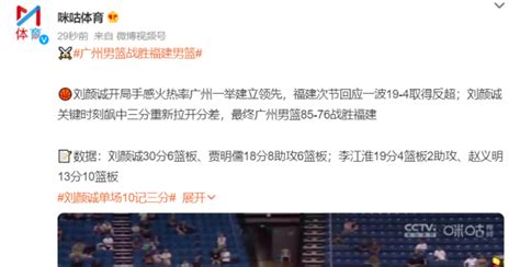 Cba夏季联赛：广州男篮85 76战胜福建男篮，刘颜诚单场10记三分腾讯新闻
