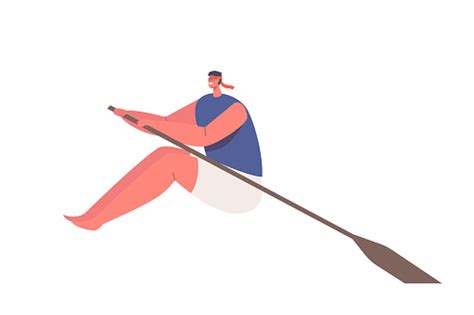 남성 캐릭터 앉아서 노를 젓고 있습니다 스포츠맨은 흰색 배경에 고립 된 유니폼을 입습니다 경쟁에서 남자 강에 대한 스톡 벡터