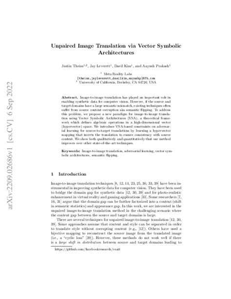 Pdf Unpaired Image Translation Via Vector Symbolic Architectures