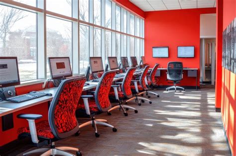 Modern Computer Lab Bright Red Walls Red Chairs Sunlight Streaming Through Windows Stock