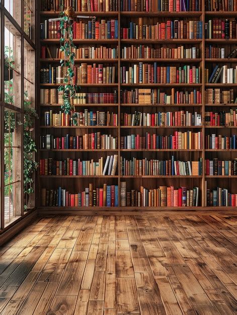 Uma estante cheia de livros uma árvore no lado esquerdo Foto Premium