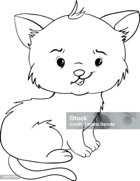 벡터 새끼 고양이 만화 귀여운 행복한 흰색 고양이 미소 캐릭터 고양이 라인 아트 아이들을위한 흑백 드로잉 일러스트 어린이를위한