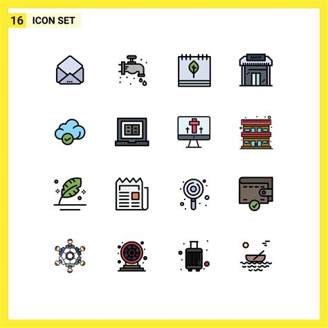 Set Of 16 Vector Flat Color Filled Lines On Grid For Cloud Market Calendar Education Building