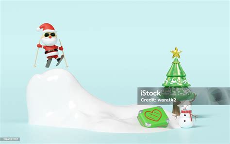 산타 클로스 스키 와 눈 언덕 여행 가방 크리스마스 트리 푸른 배경에 고립 된 눈사람 메리 크리스마스와 축제 새해 휴일 여행 개념 3d 일러스트 렌더링 12월에 대한 스톡