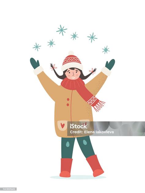 흰색 배경에 고립된 눈송이를 가진 귀여운 손으로 그린 어린 겨울 소녀 안녕하세요 겨울입니다 벡터 그림입니다 겨울 방학 야외 활동 12월에 대한 스톡 벡터 아트 및 기타