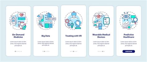 의료 온보딩 모바일 앱 페이지 화면의 디지털화 의학 연습은 개념이 포함된 5단계 그래픽 지침입니다 선형 컬러 일러스트레이션이 있는 Ui Ux Gui 벡터 템플릿