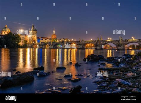 Prague Czech City River Vltava Night Reflection Dark Hi Res Stock