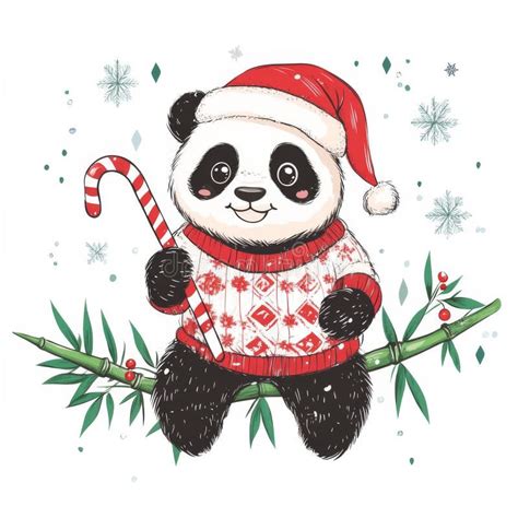 A Cheerful Panda In A Holiday Themed Sweater And Santa Hat Holding A Candy Cane While Sitting