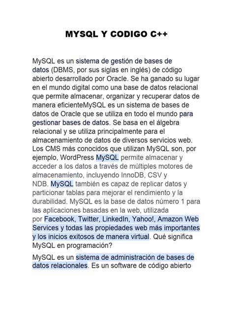 Mysql Y Codigo C Pdf Mi Sql Bases De Datos