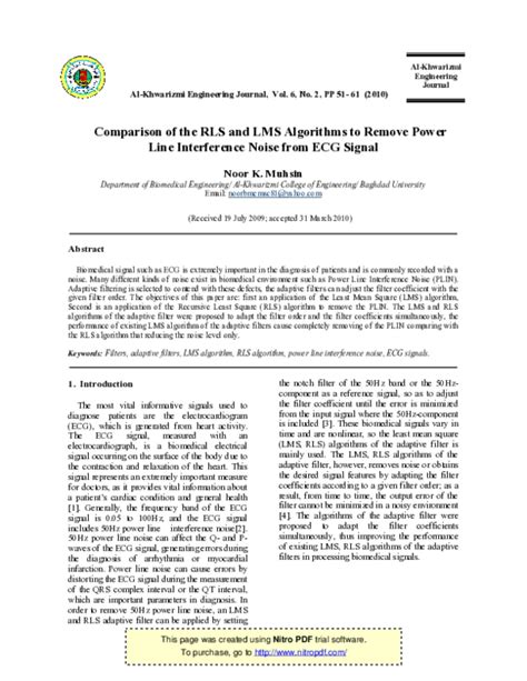 Pdf Comparison Of The Rls And Lms Algorithms To Remove Power Line