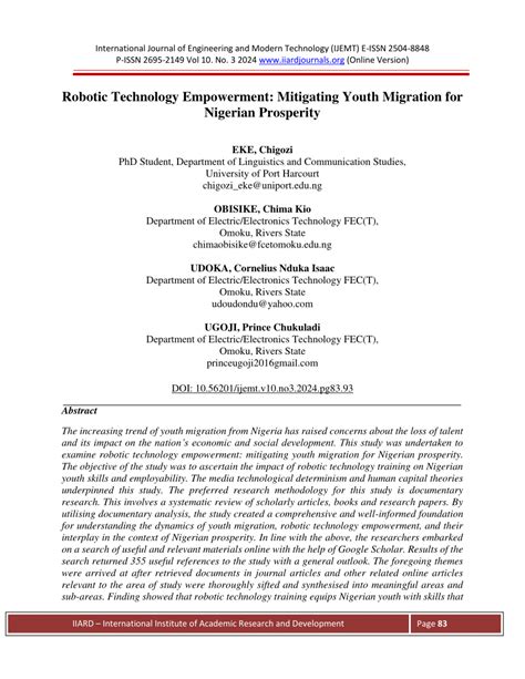 Pdf Robotic Technology Empowerment Mitigating Youth Migration For Nigerian Prosperity
