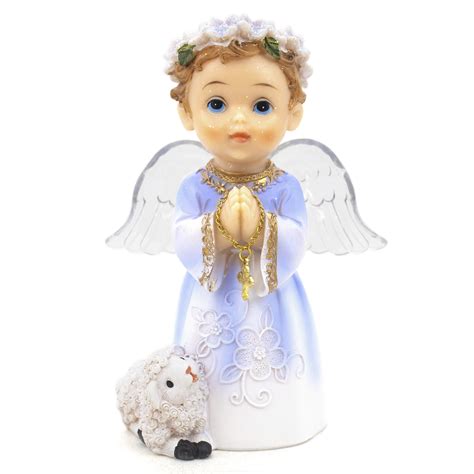 Imagem Anjo Da Guarda Azul Rezando Led Importado Resina 15 Cm